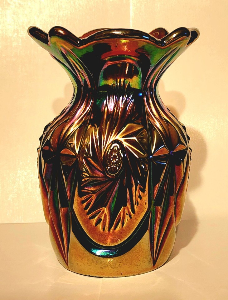 CARNIVAL GLASS RARE SHAPE RIIHIMAKI STARBURST BLUE VASE THIN PINCH NECK ...