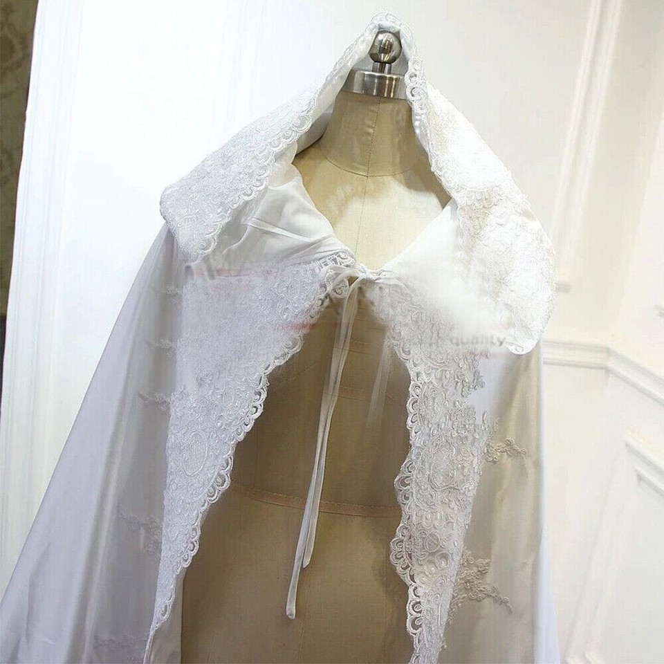 White Satin Lace Wedding Cloaks With Hooded Wraps Long Bridal Church ...