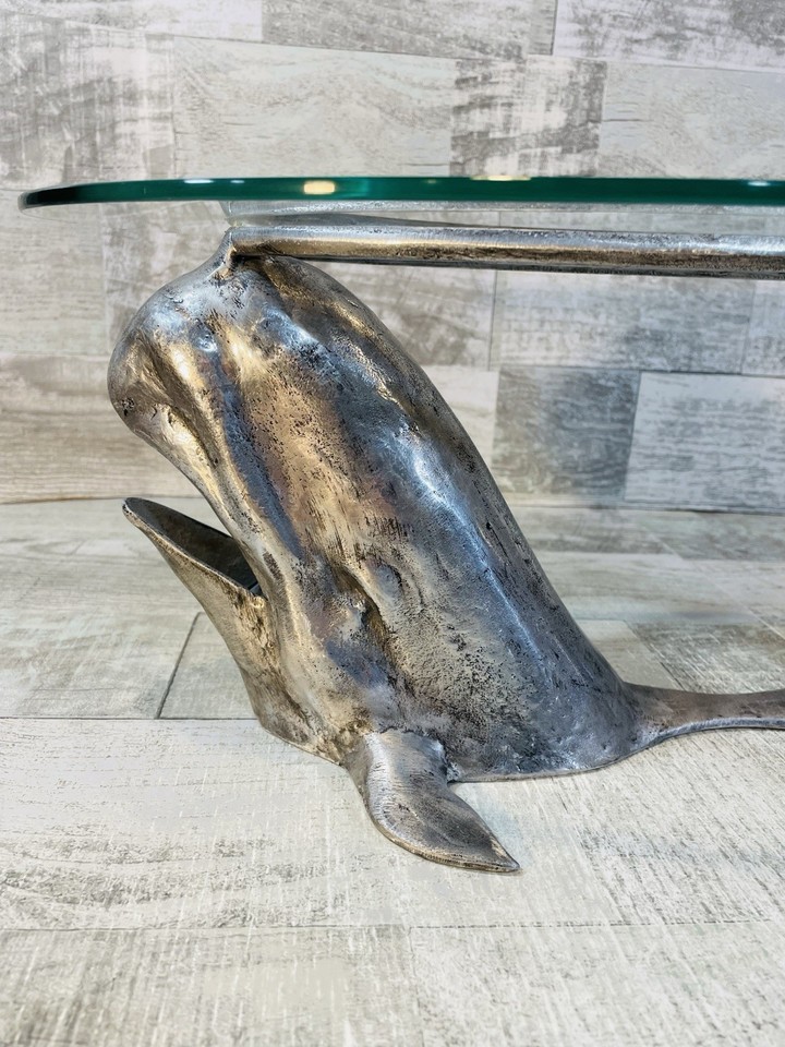 Small Glass Top Aluminum Whale Table Shelf 21”x11”x7” Sea Life Nautical ...