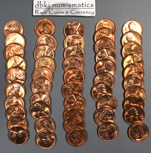 1955 S Lincoln Wheat Cent Penny Roll 50 Red Unc Coins in Tube Spots ...