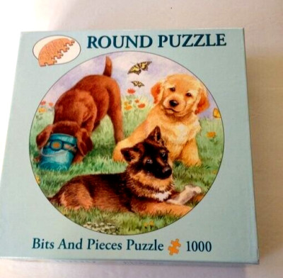 Bits and Pieces “” Round Jigsaw PLAYFUL PUPS IN A FIELD Puzzle 1000 ...