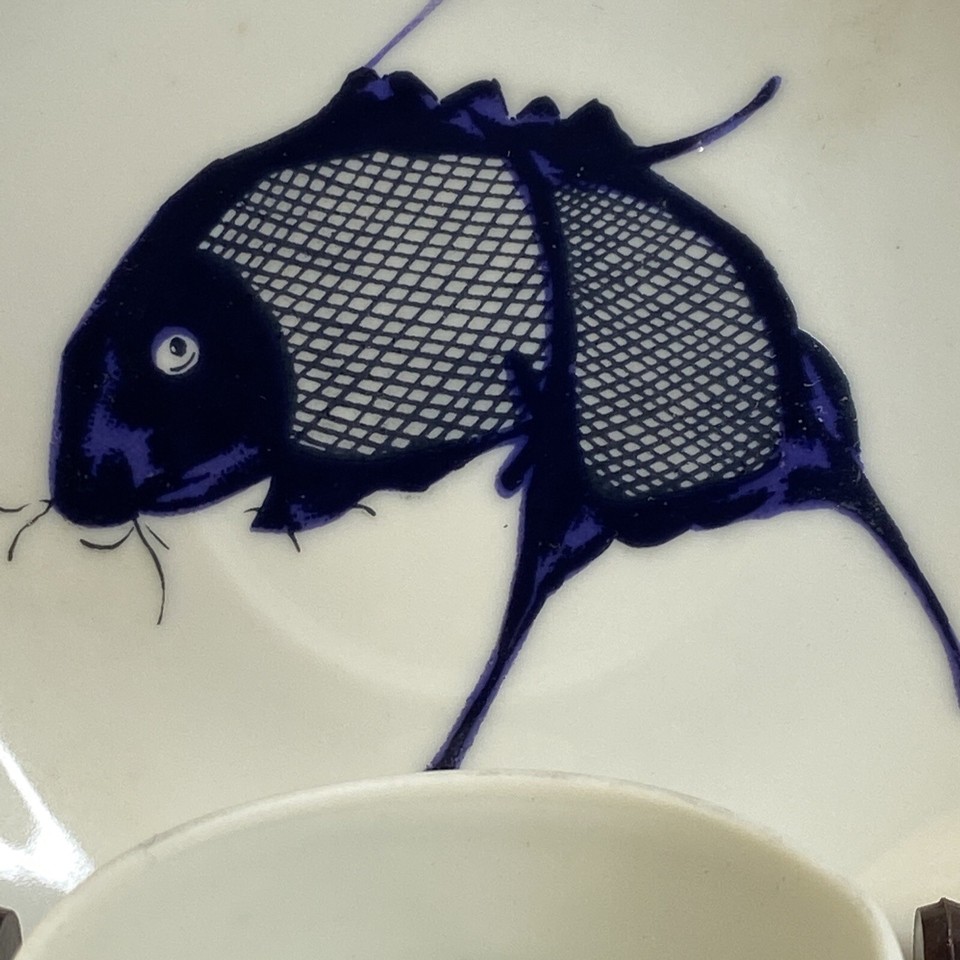 Fine China Porcelain Koi Tea Cup Saucer Whte Blue Fish Demitasse ...