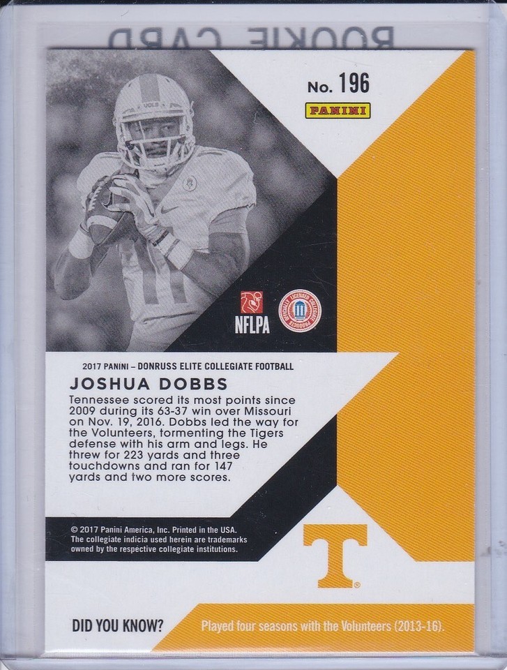 JOSHUA DOBBS ROOKIE CARD 2017 Elite Football TENNESSEE VOLUNTEERS ...
