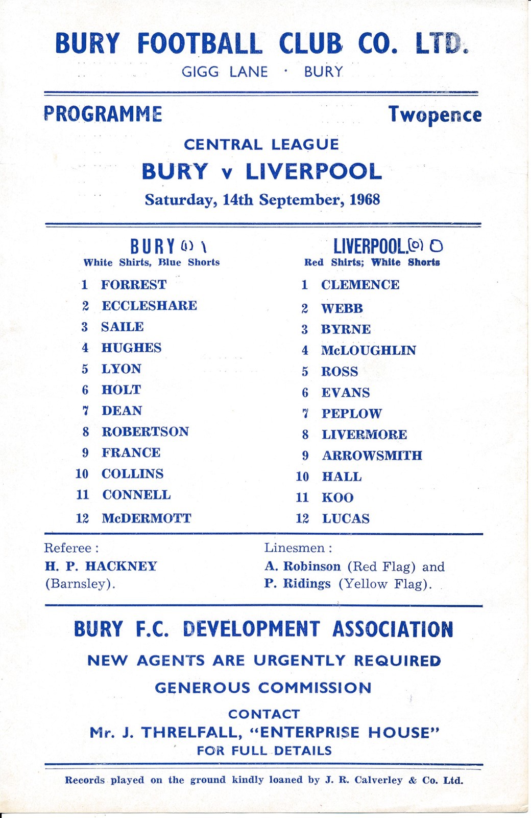 Bury Reserves v Liverpool (Central League) 1968/1969 | eBay UK