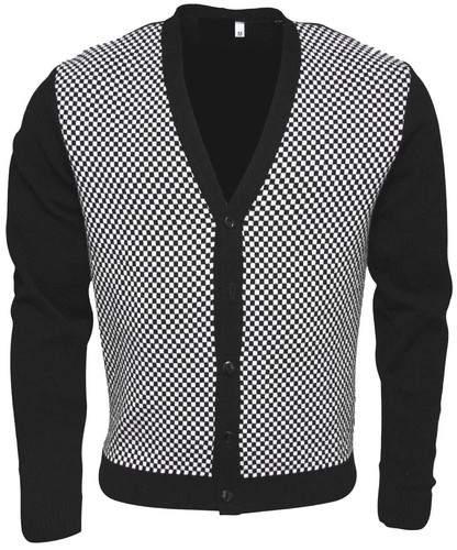 Relco Mens Black White Check Two Tone Cardigan Checkerboard Specials ...