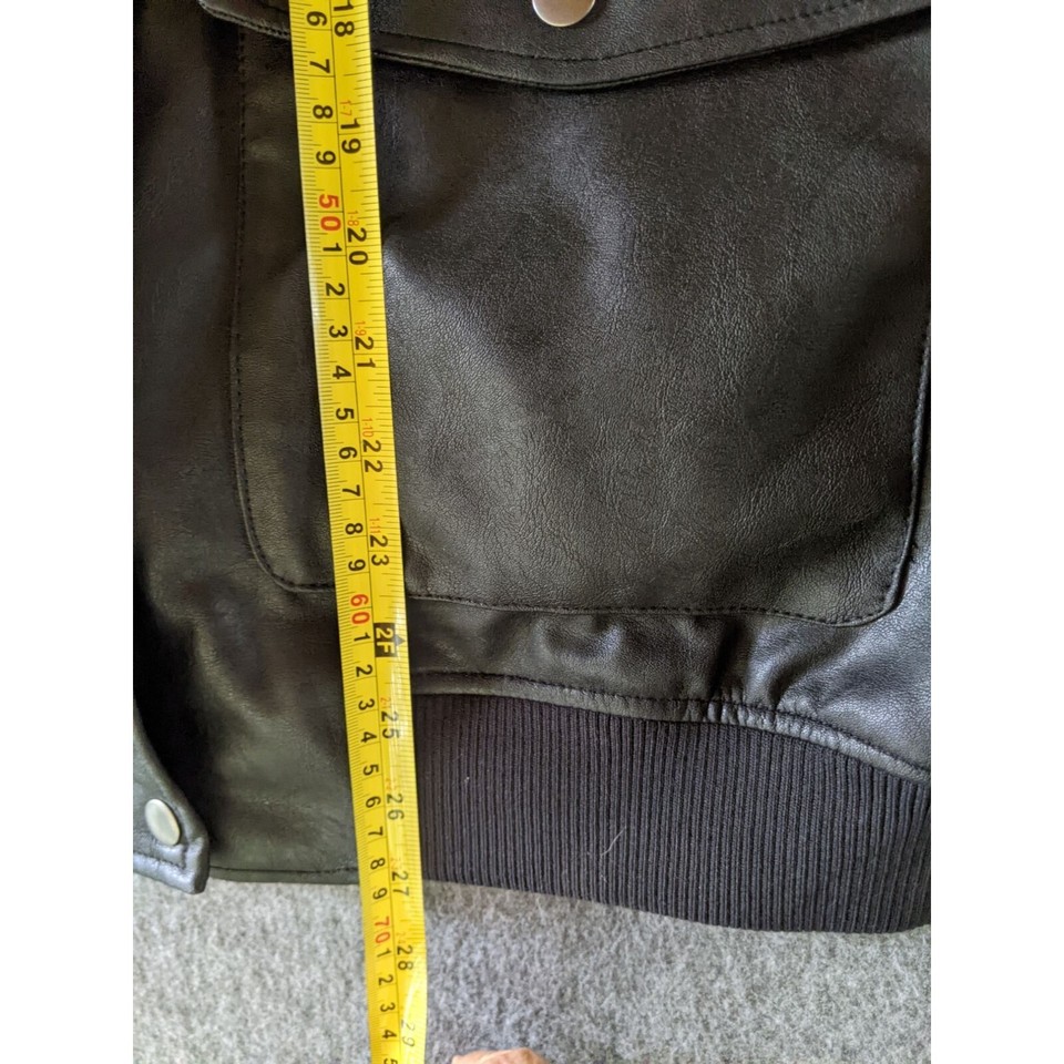 New Mens Medium Black Faux Leather Bomber Jacket Front Pockets Snaps ...