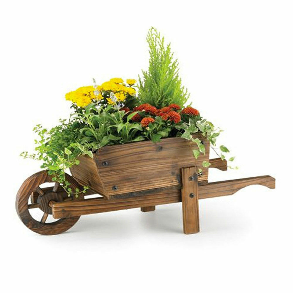 GARDEN MODERN WOODEN WHEEL BARROW PLANTER BURNT WOOD FLOWER CART ...