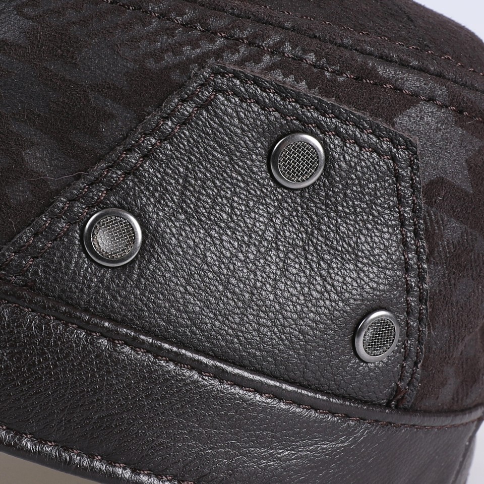 Men's Flat Top Cap Real Sheepskin Leather Military Style Caps Cadet ...