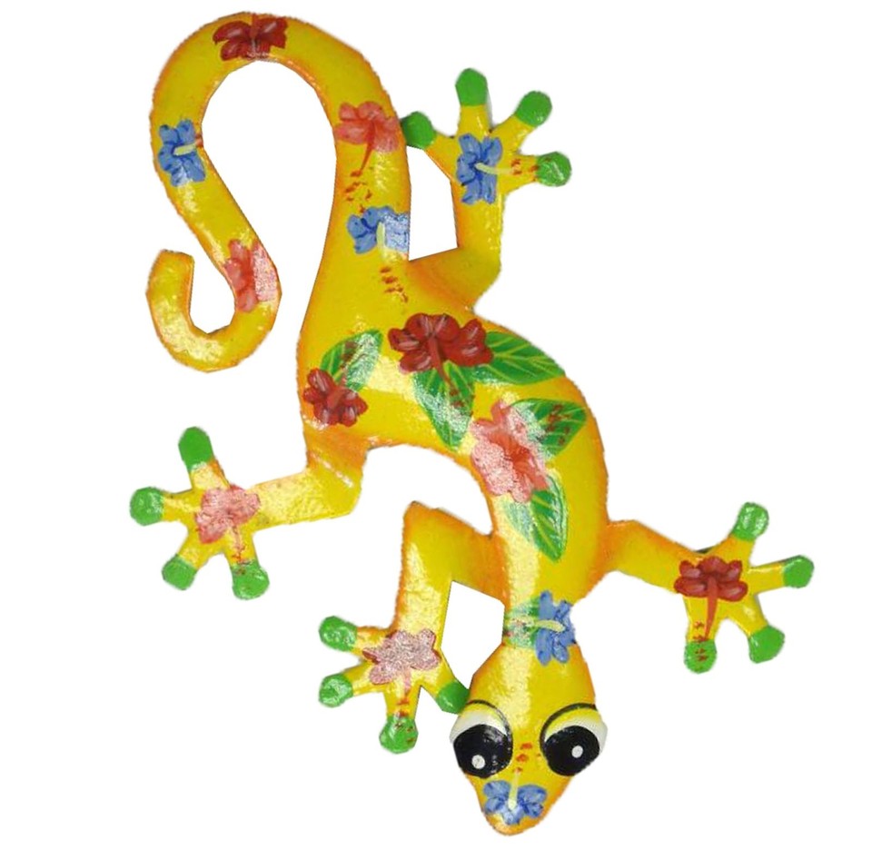 Tropical Hibiscus Yellow Gecko Lizard Haitian Metal Art Large 18 inch ...