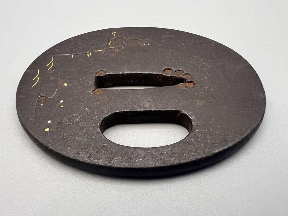 Edo Period Small Iron Tsuba with Figure Landscape Gold-Silver Inlay ...