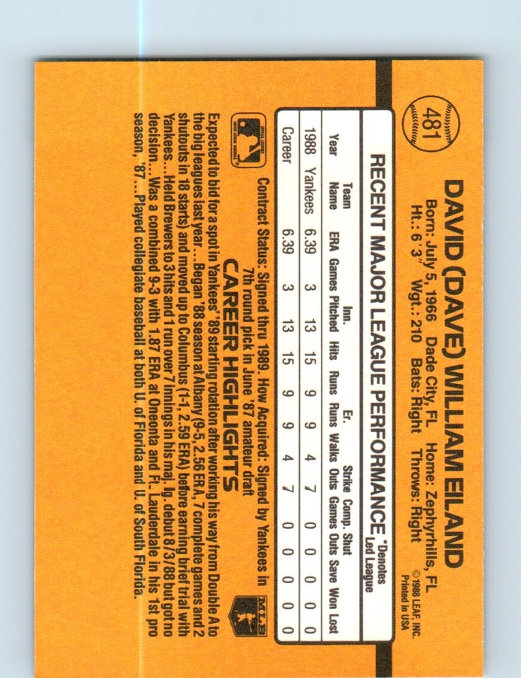 1989 Donruss Dave Eiland Rookie New York Yankees #481 | eBay