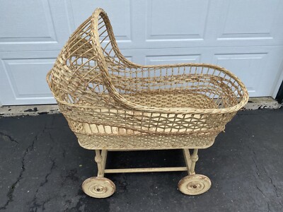 Antique Vintage Wicker Baby Bassinet With Wheels | eBay