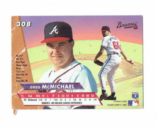 Greg McMichael Atlanta Braves Pitcher #308 Fleer 1993 #Baseball Card | eBay