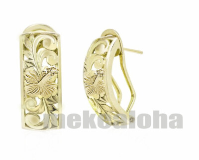 15mm DOME CUTOUT 14K Gold Hawaiian HIBISCUS Scroll Earrings PIERCED ...