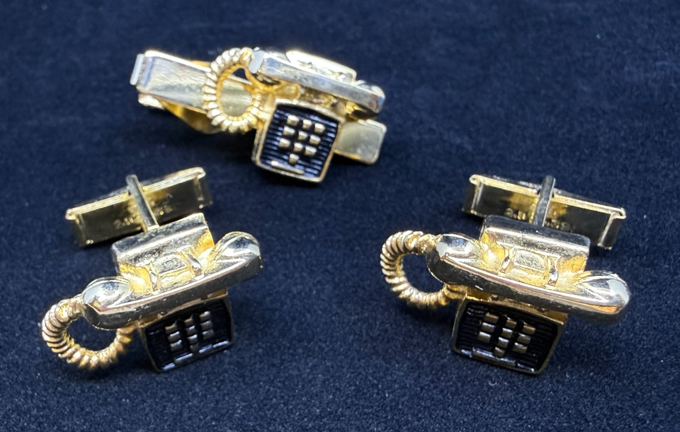 Vintage 1960s Telephone Cufflink and Tie Clip Bar Set Gold Tone & Black ...