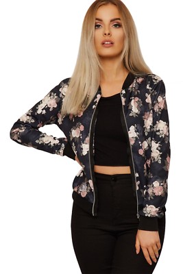 Ladies Print Front Zip Up Bomber Jacket Coat Long Sleeves Casua Rose ...