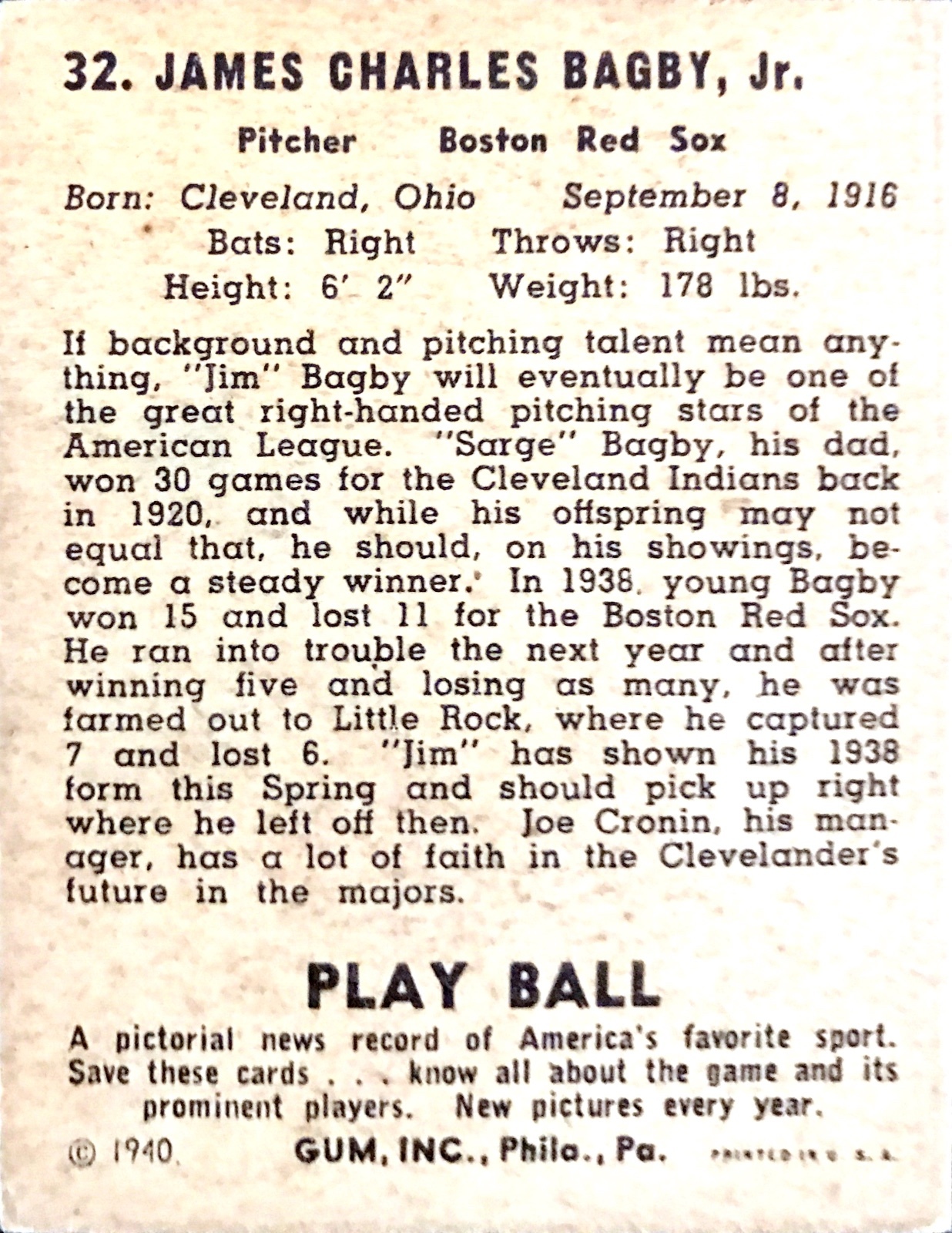 Play Ball 1940 Gum Inc #32 James "Jim" Bagby Baseball Card | eBay