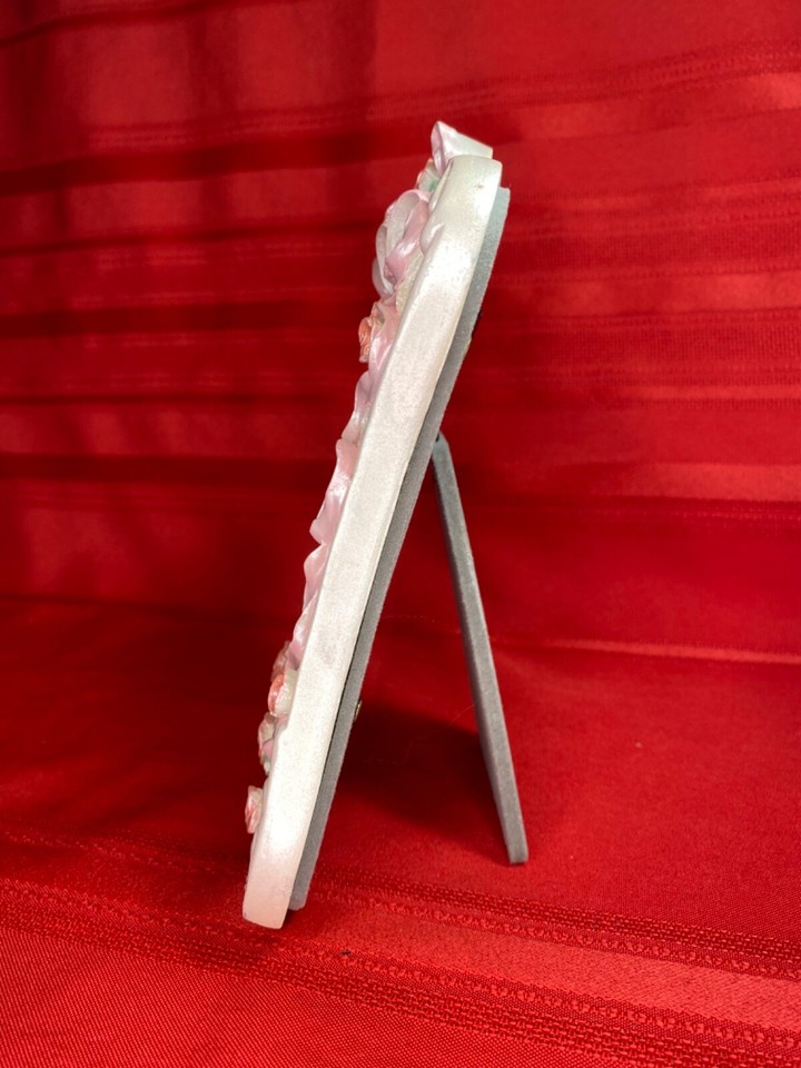 Vtg Pink Rounded Corners 3.5"x5" Photo Frame Pink Roses Bells Ribbon ...