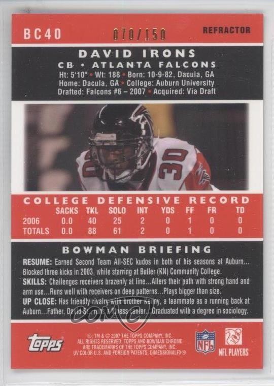 2007 Bowman Chrome Blue Refractor /150 David Irons #BC40 Rookie RC | eBay