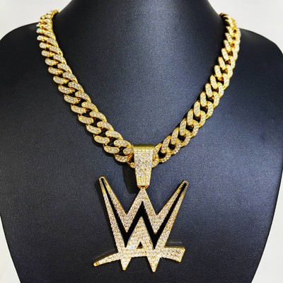 WWE SILVER Ice NECKLACE World Wrestling Entertainment Pendant & Cuban ...