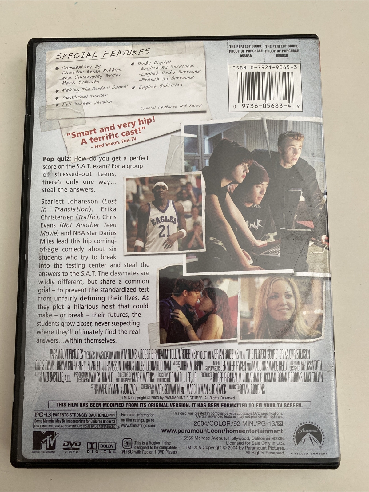 The Perfect Score DVD Full Screen Chris Evans Scarlett Johansson Movie ...