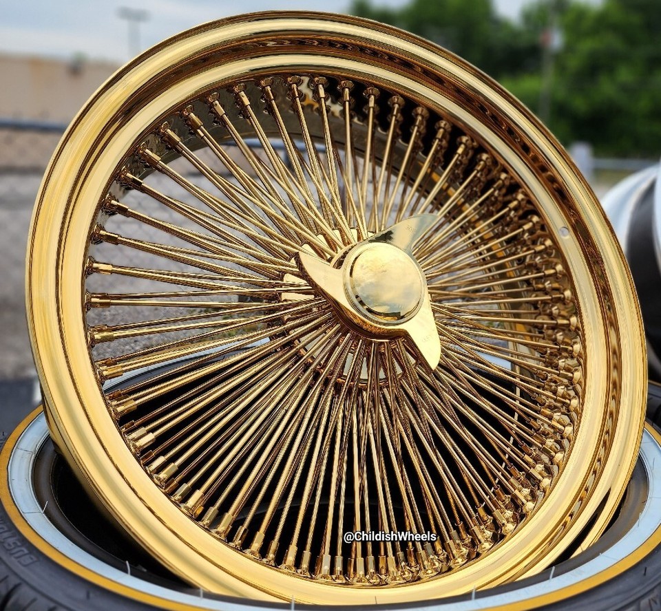 22" Inch All Gold 150 Spoke Wire Wheels Rims | 22x8 | 5x4.5 Bolt ...