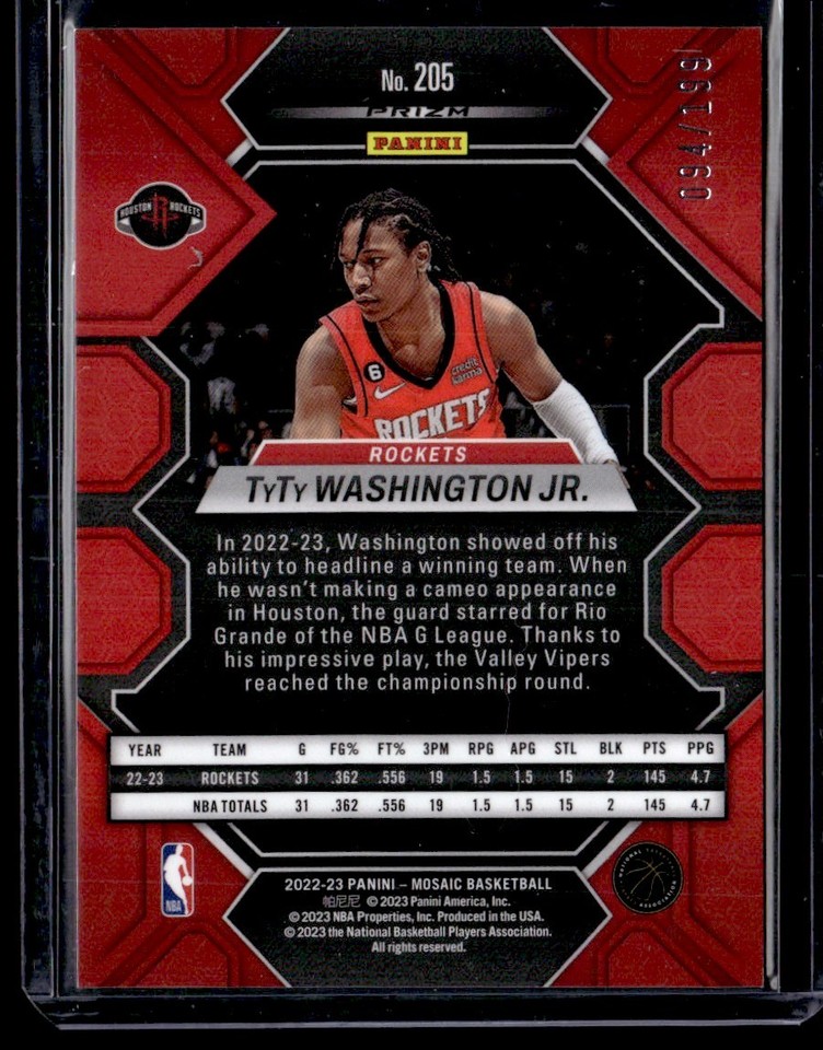 TYTY WASHINGTON JR. 2022-23 PANINI PRIZM BLUE PRIZM RC 094/199 HOUSTON ...
