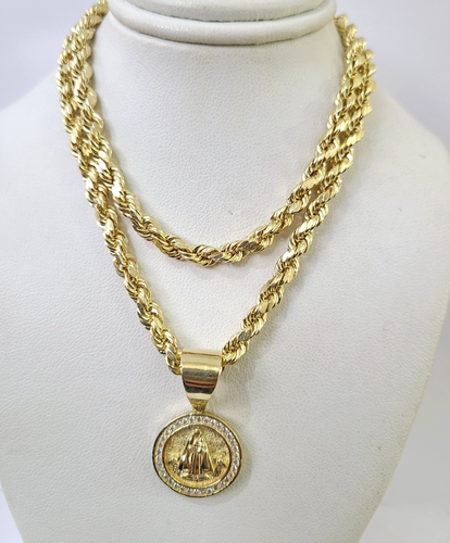 Real 10k Gold Rope Chain Necklace Virgin Mary Pendant Charm Set 5mm 18 ...