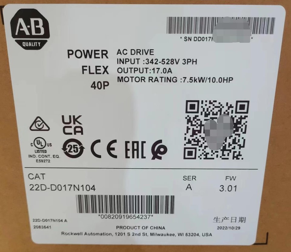 22D-D017N104 Allen-Bradley 22DD017N104 PowerFlex 40P 7.5 kW 10 HP AC ...