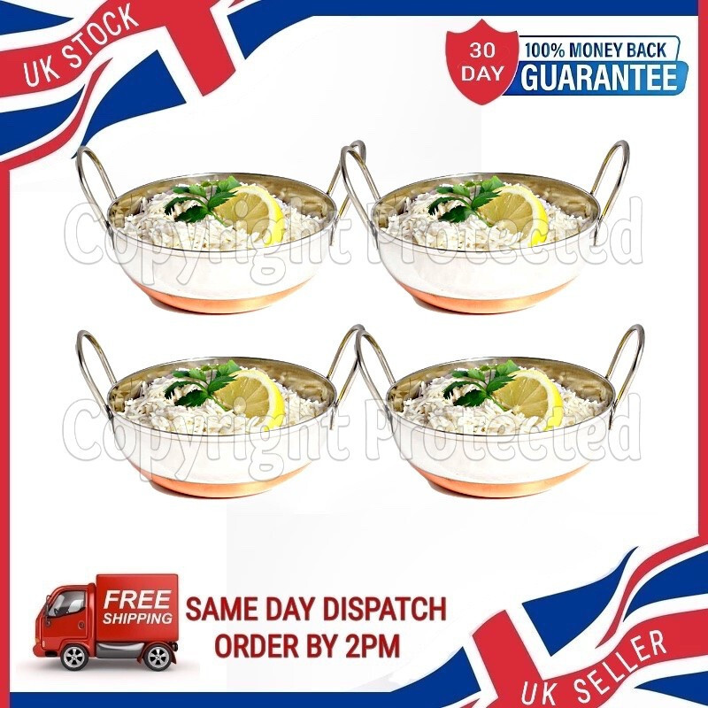 4 INDIAN FOOD BALTI KARAI COPPER BOTTOM CURRY SERVING OVEN TABLE DISHES ...
