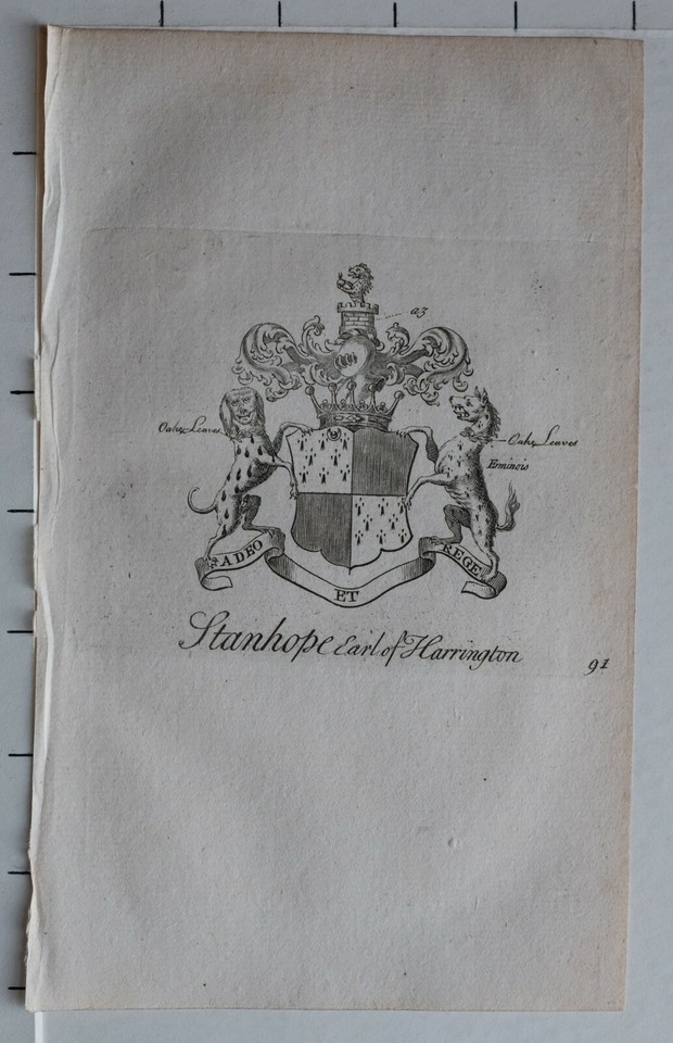 1756 ANTIQUE PRINT FAMILY CREST COAT OF ARMS STANHOPE EARL OF ...