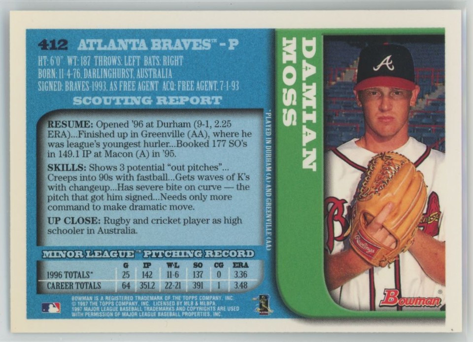 1997 Bowman Damian Moss Atlanta Braves #412 | eBay