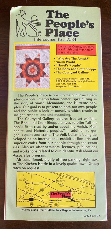 Vintage The People's Place Lancaster County PA Brochure Amish World | eBay