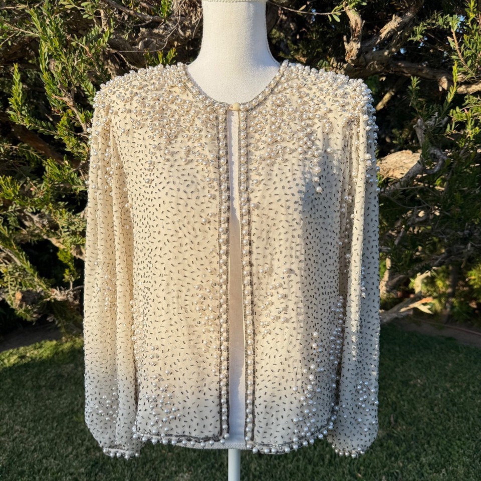 Jack Bryan Embellished Pearl Beaded Jacket Cream Size 10 | eBay