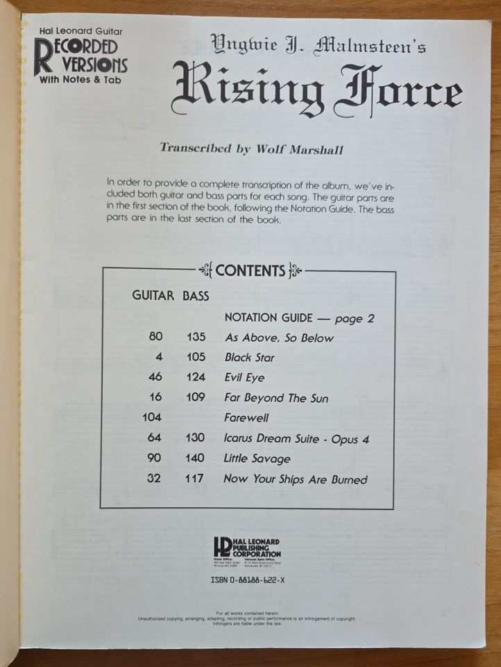 Yngwie Malmsteen's Rising Force Guitar and Bass Tablature Songbook ...