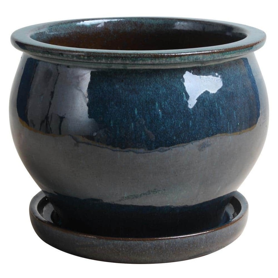 9 In. Dia Blue Solid Studio Ceramic Planter, Indoor & Outdoor Plant Pot ...