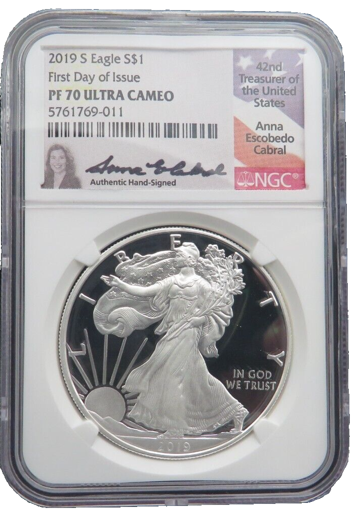 2019-S ANNA CABRAL SIGNED SILVER EAGLE LABEL FDOI NGC PF70 UCAM VERY ...
