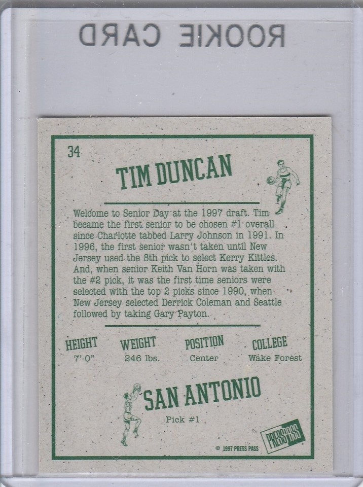 TIM DUNCAN ROOKIE CARD Wake Forest RC 1997 Mini Basketball SAN ANTONIO ...