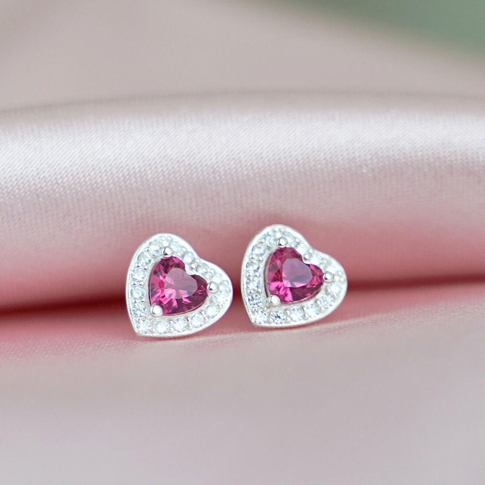 Sterling Silver Rose Red Ruby CZ Love Heart Halo Stud Earrings ...