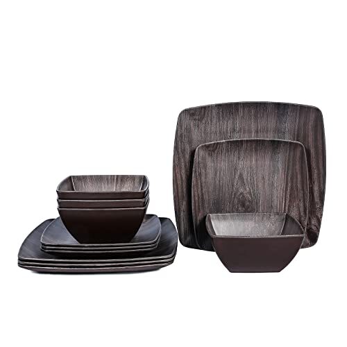 Melamine 12pcs Classic Square Dinnerware Set Concise Plates And Bowls ...