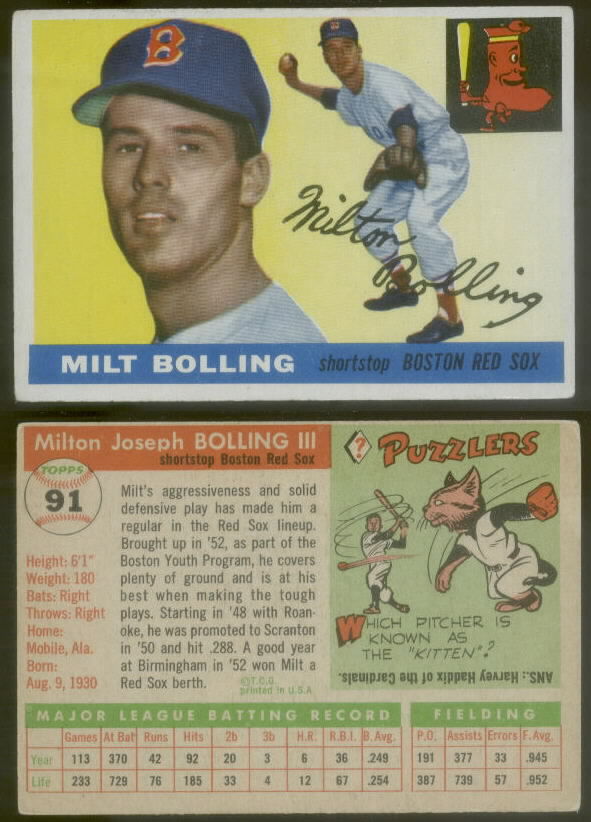 (7724) 1955 Topps 91 Milt Bolling Red Sox-VGX | eBay