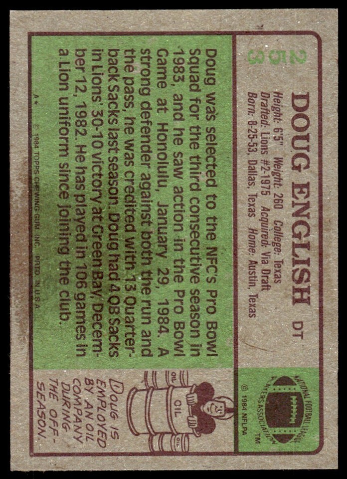 1984 TOPPS DOUG ENGLISH K DETROIT LIONS #253 | eBay