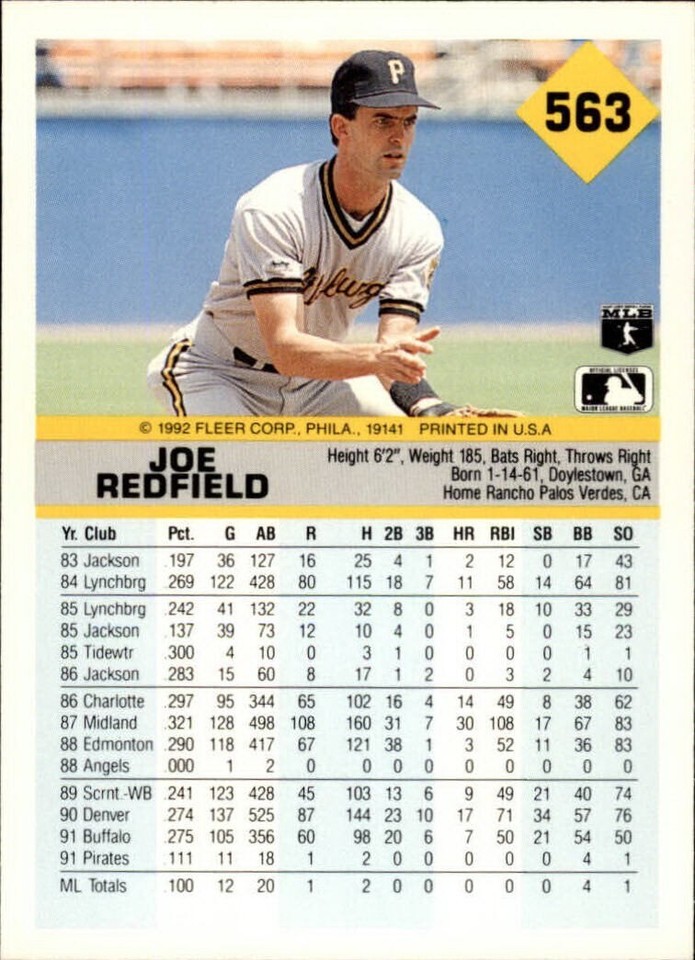 1992 Fleer Pittsburgh Pirates Baseball Card #563 Joe Redfield | eBay