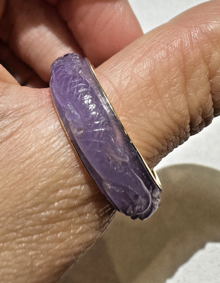 QVC Hallmarks 14k Gold Lavender Celadon Carved Jade Dragon Band Sz 11.5 ...