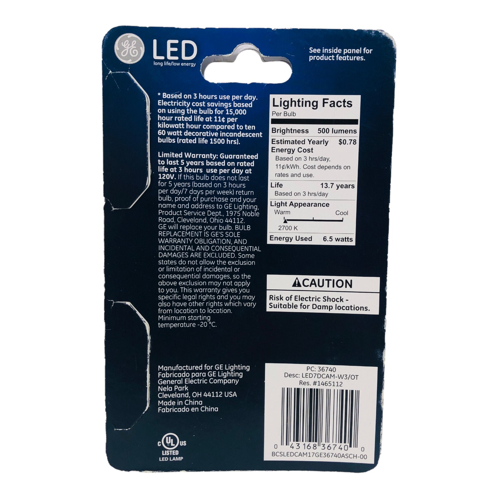 GE LED Soft White 60W Replacement 6.5W 1 LED Cam Bulb Dimmable Bent Tip ...