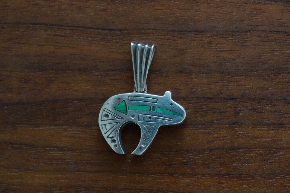 Ray Tracey Knifewing Navajo Sterling Silver Malachite Inlay Bear ...