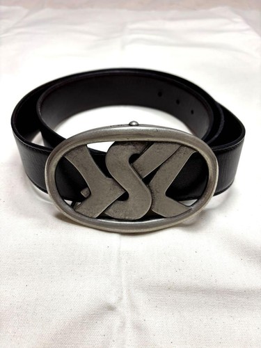 YVES SAINT LAURENT YSL LOGO SILVER TONE BUCKLE BLACK BROWN LEATHER BELT ...