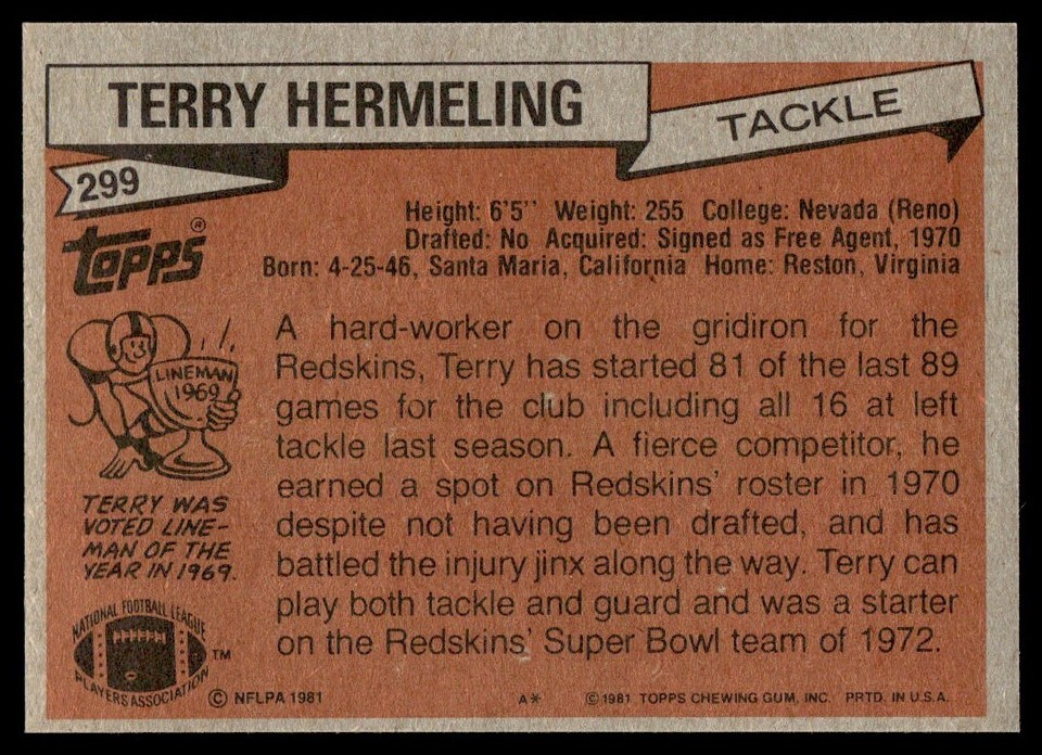 1981 Topps Terry Hermeling Washington Redskins #299 | eBay