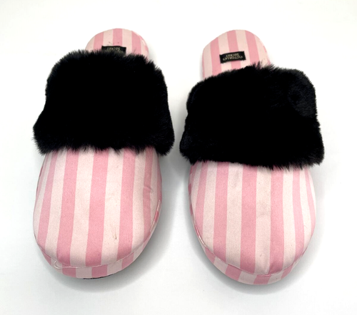 Victoria's Secret Slippers M 7/8 Signature Satin Pink Stripe with Black ...