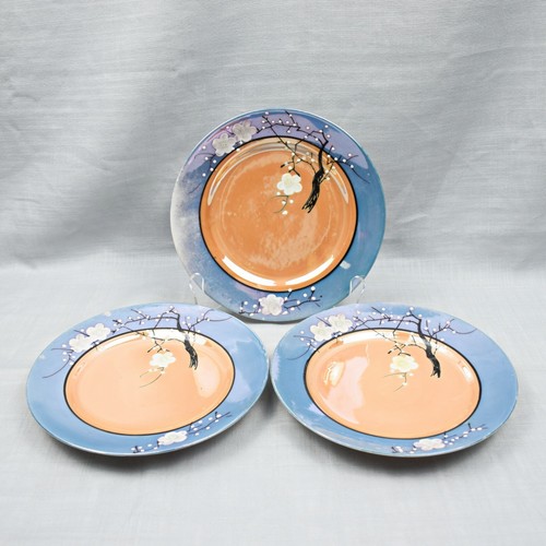 3 - Takito LUSTERWARE Salad Plates 7 1/4" Diam, Japan, Blue Rim, Orange ...